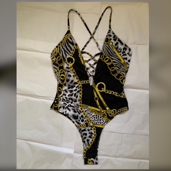 Tops | Last One Size Sm Gold Chain Print Bodysuit | Poshmark